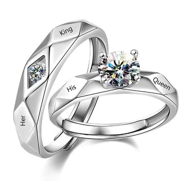 Jewelry | New Adjustable His Queen Her King Engraved Silver Tone Faux Diamond Bridal Set | Poshmark
